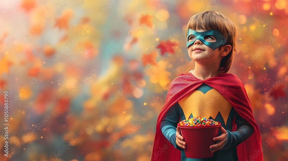 10. A child dressed as a superhero, holding a candy bucket, with a ...