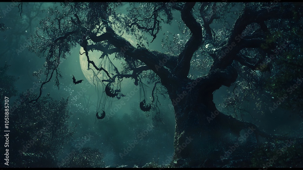 31. A creepy old tree with hanging spider webs and silhouettes of bats ...