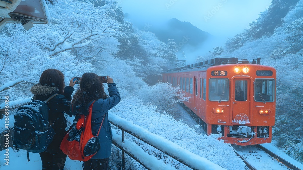 Friends taking a scenic winter train ride, capturing photos of snowy ...