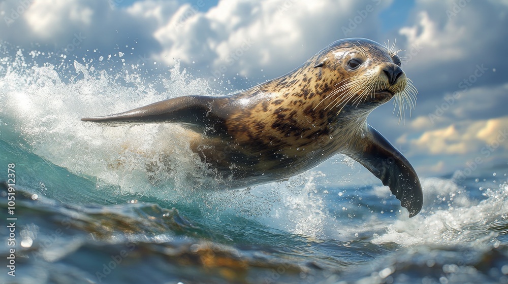 Sea lion jumping from one rock to another, splashing water as it leaps ...