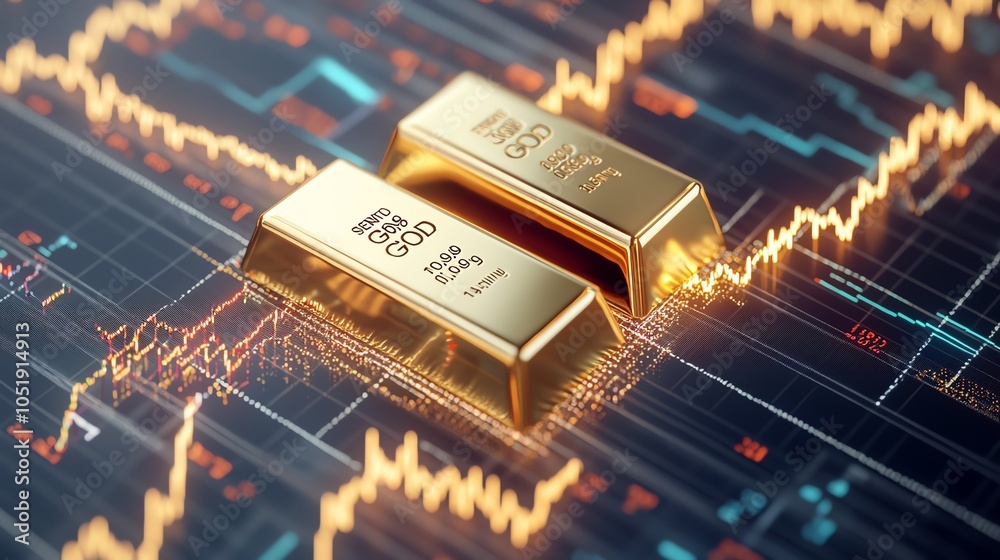 Gold bars atop an upwardtrending demand chart with stock market symbols ...