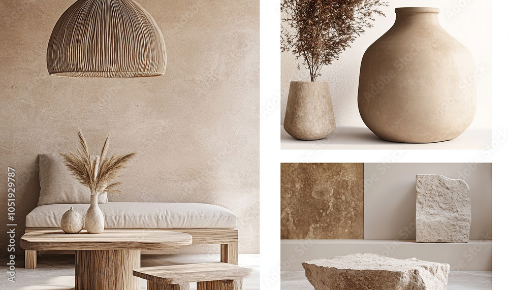 a mood board for earthy, minimalist spa reception interiors with a ...