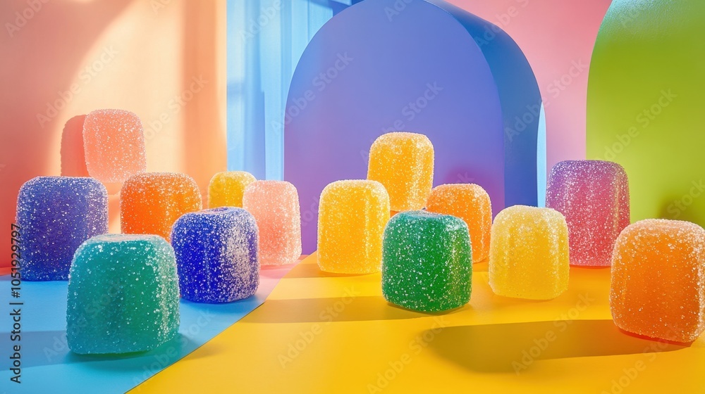 Bright assortment of jelly-filled candies coated in sugar, placed on a ...
