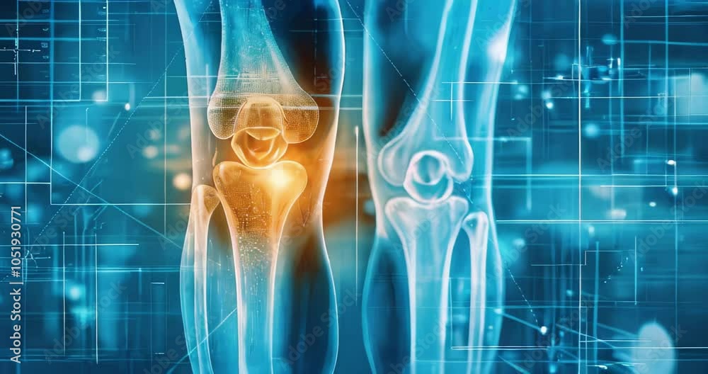 High-tech computer model of a leg with an inflamed knee joint. X-ray of ...