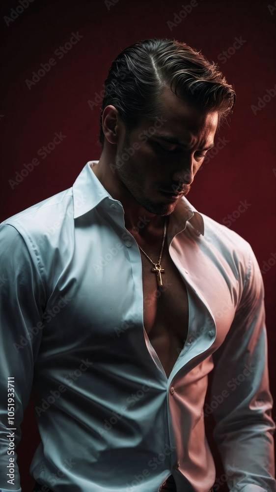Brooding man in open white shirt with ankh necklace exuding dark ...