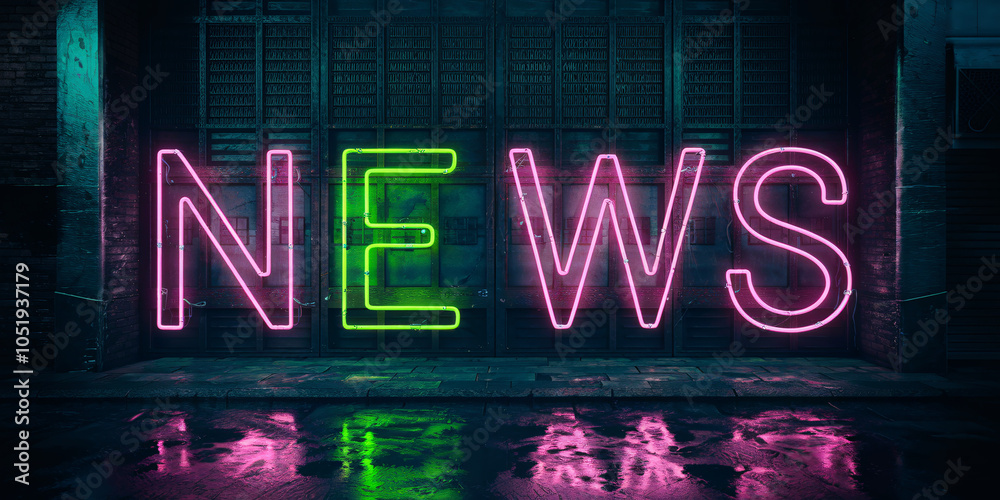 Neon "NEWS" sign with bright pink and green glowing letters on a dark ...