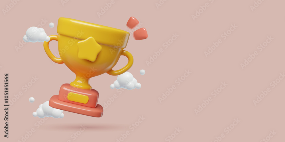 3D trophy cup with a star flying in clouds. Cute winner award ...