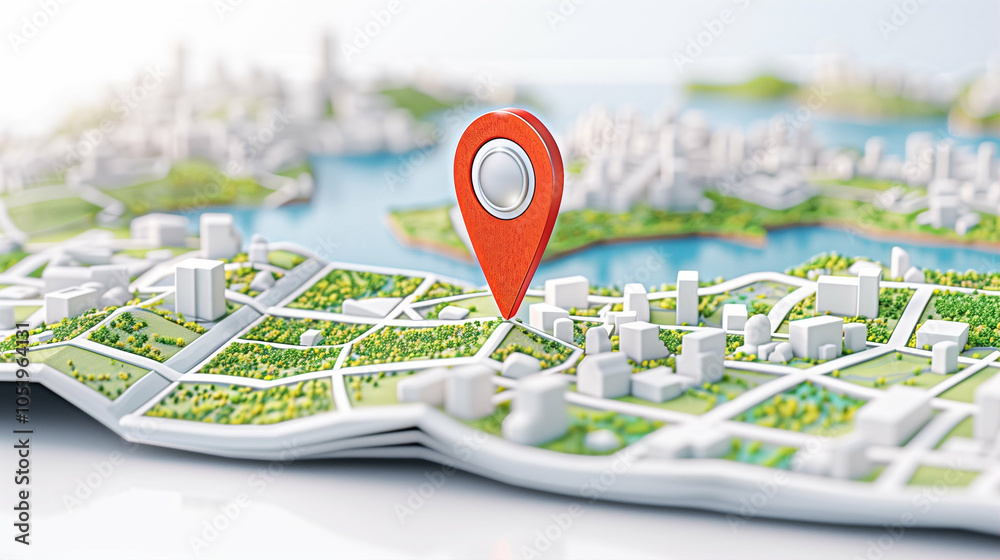 Map pin indicating location on detailed city map with urban landscape ...