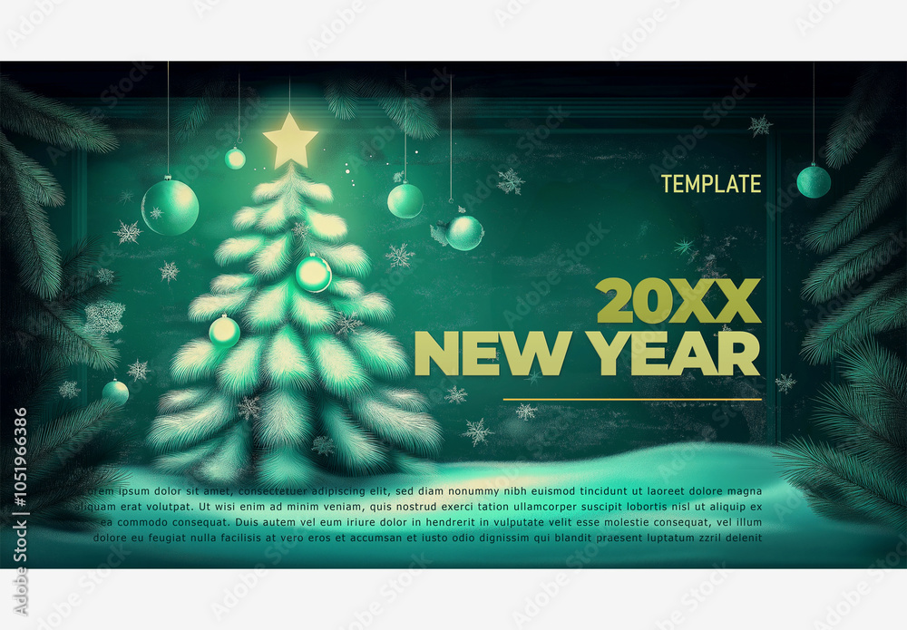 Festive Holiday Template: Christmas Tree with Snowflakes & Stars, Green ...