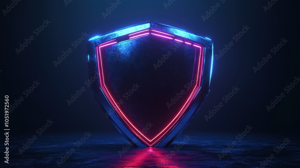 Futuristic 3d security shield made of linear polygons with neon lights ...