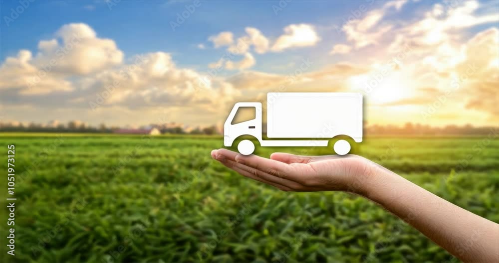 A hand holding a white truck icon against a green field and blue sky ...