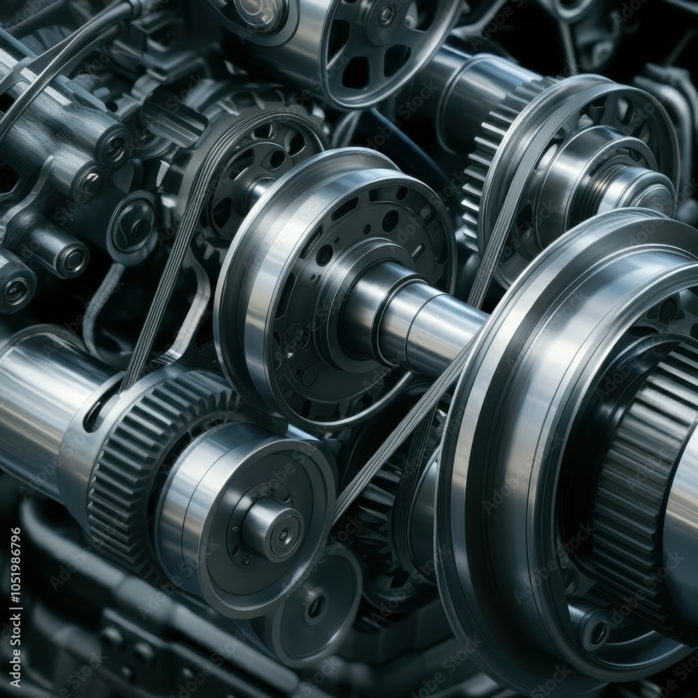 Complex engine mechanism, intricate gears and pulleys, metallic ...