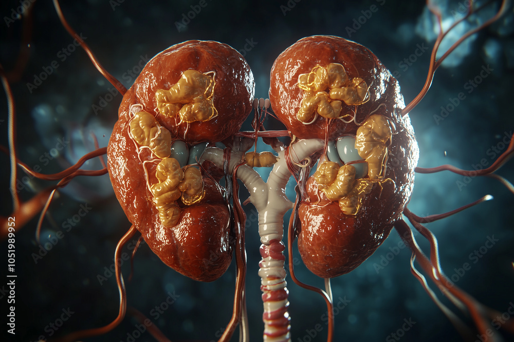 3D visualization of the urological system, highlighting the kidneys ...