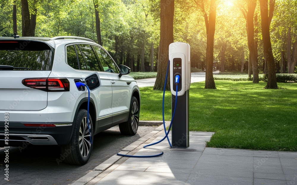 An electric vehicle connects to a charging station in sunlight, with ...