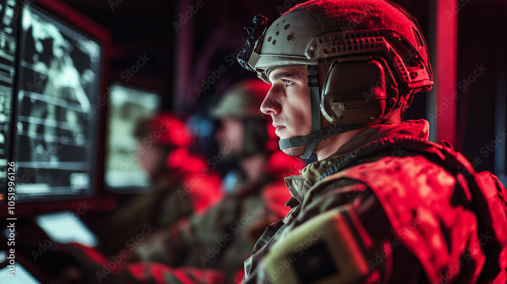 Military personnel in tactical gear working in a red-lit control room ...