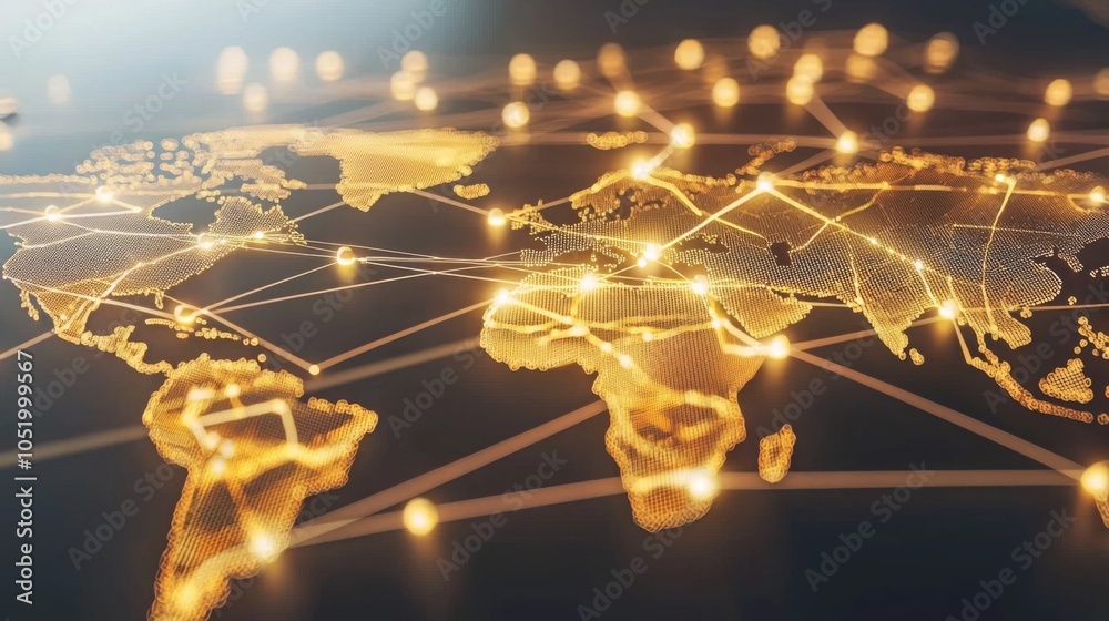 Blockchain nodes visualized as interconnected lines on a global map ...
