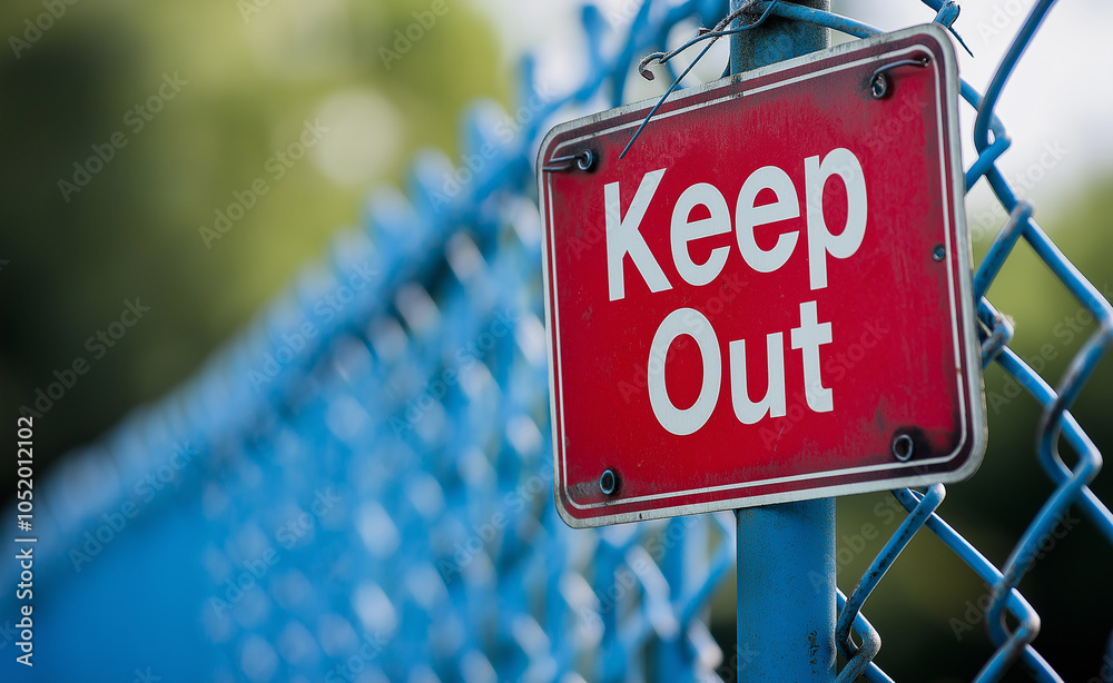 Red "Keep Out" sign on a blue metal fence, indicating restricted access ...