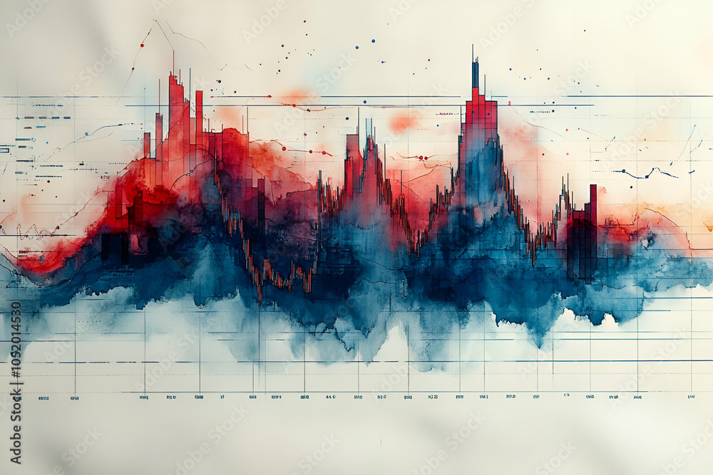 An abstract watercolor visualization depicting data trends with red and ...