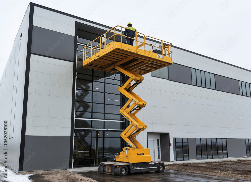 Construction worker using scissor lift to repair modern building facade ...