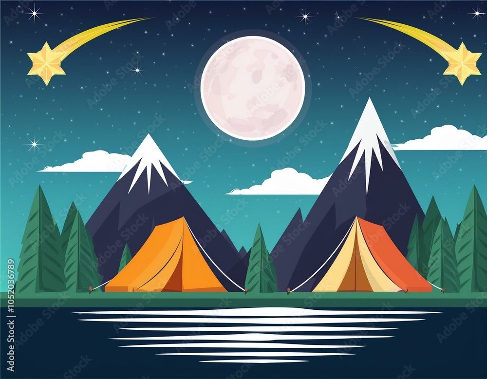 flat illustration of night rest camping night sky moon moonlight on ...