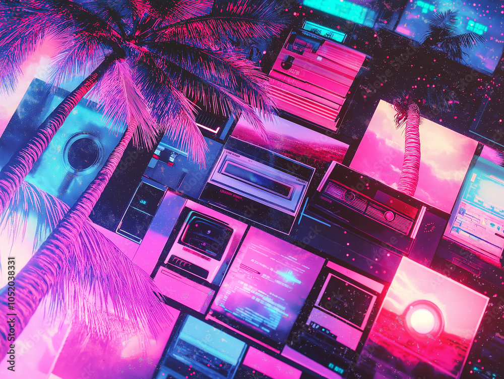 Vaporwave collage with 90s neon palm trees, retro computer graphics ...