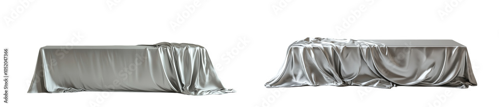 Two elegantly draped tables with silky covers, set against a white ...