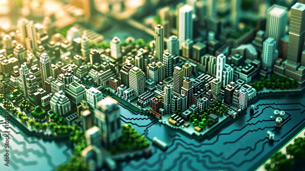 A detailed miniature city model featuring skyscrapers, roads, and water ...