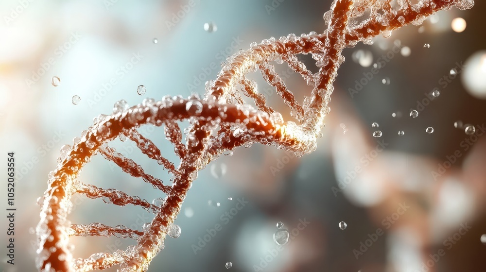 A glowing DNA strand surrounded by bubbling molecules illustrates the ...