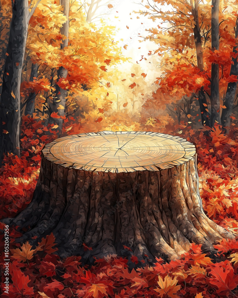 Mock-up tree stump podium in the middle of a serene autumn forest ...