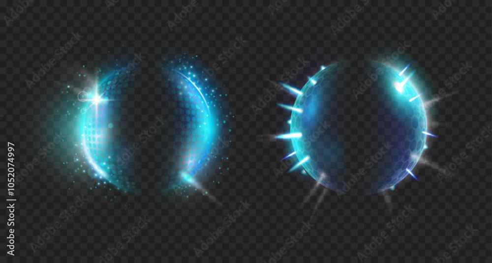 Protect shield set. Vector glowing circle sphere fields, force bubble ...
