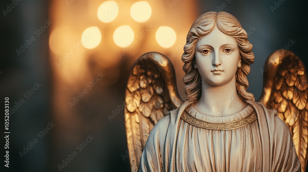 Golden angel statue in a dim cathedral, closeup, candlelight ...