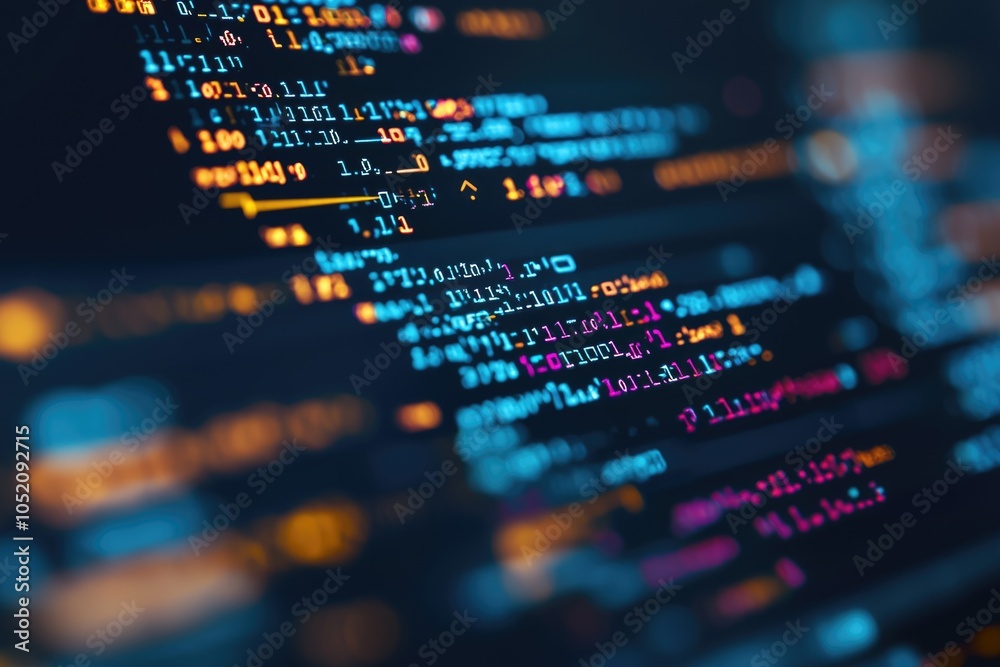 Developer typing syntax for machine behavior control, Code on screen ...