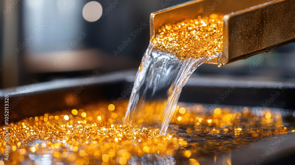 Golden flakes flow into water filled pan, creating mesmerizing scene of ...