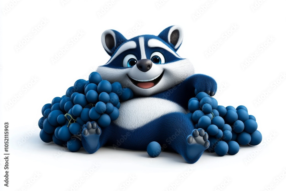 a 2D cartoon illustration of a raccoon holding a bunch of grapes happy ...