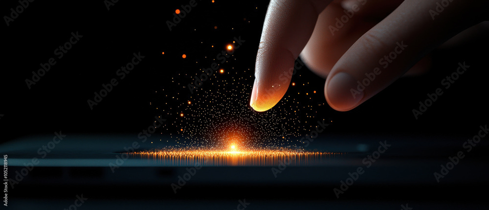 hand gently touches laptop touchpad, creating mesmerizing burst of ...