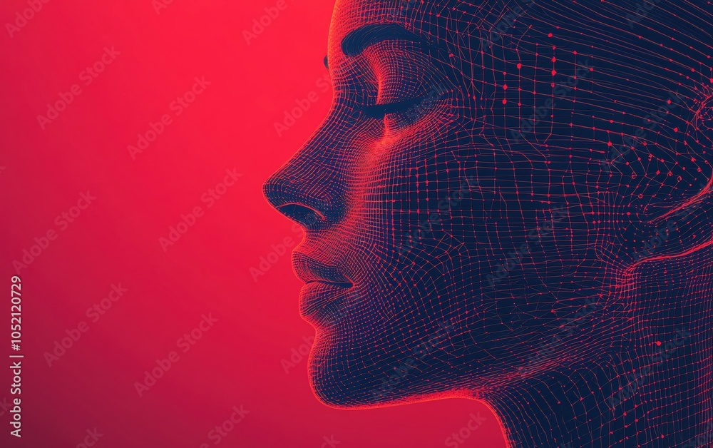 Profile of a human face illuminated by intricate digital networks and ...