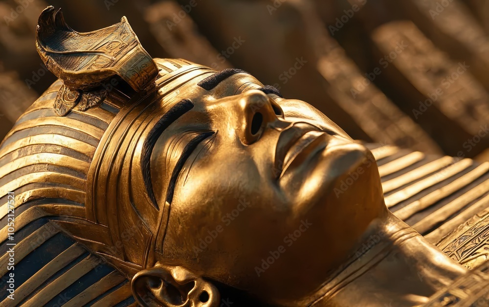 Egyptian pharaoh in ornate headdress, sitting on a throne in a grand ...
