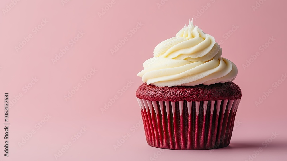 Red velvet cupcake with cream cheese frosting, pastel background, copy ...