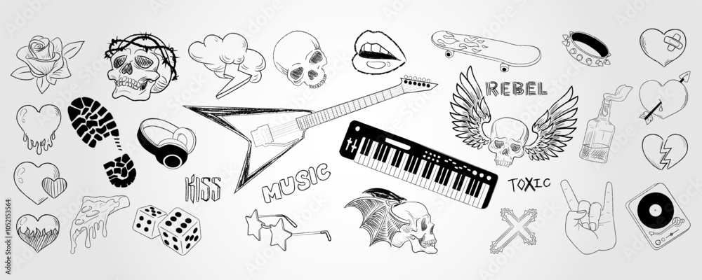 Y2k tattoo. Punk rock icon. Heart in fire flames. Gothic element ...