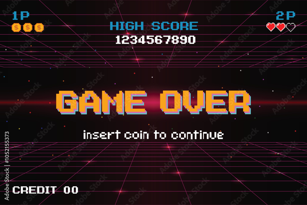 GAME OVER INSERT A COIN TO CONTINUE .Synthwave wireframe net ...