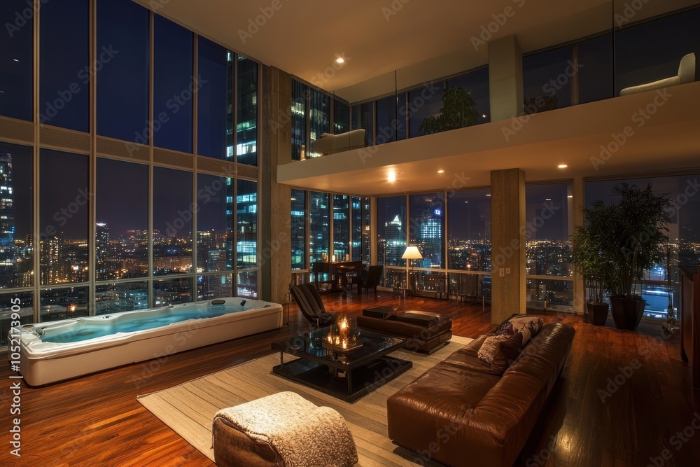 Sleek urban penthouse with floor-to-ceiling windows, rooftop jacuzzi, panoramic city views, chic ...