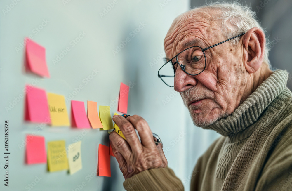 Old man with Alzheimer's disease taking notes to aid memory. Senior ...