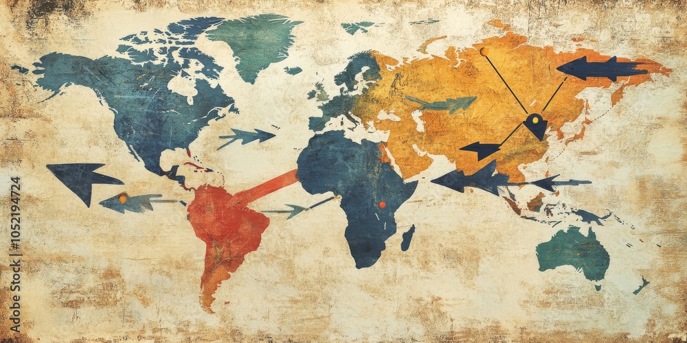 A map of the world with arrows pointing to different locations. Stock ...