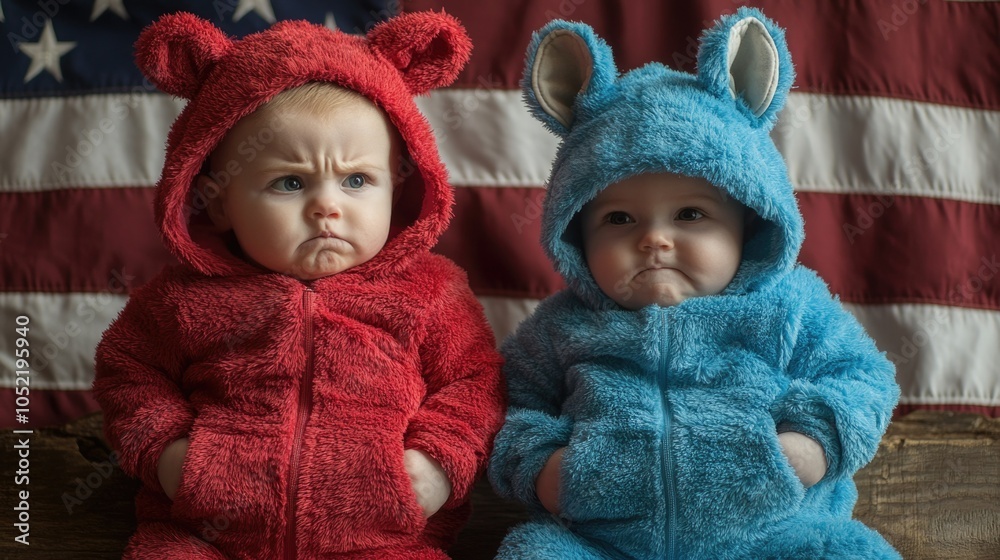 Grumpy and Yawning Babies in Red and Blue Hooded Onesies, Sitting Against American Flag ...