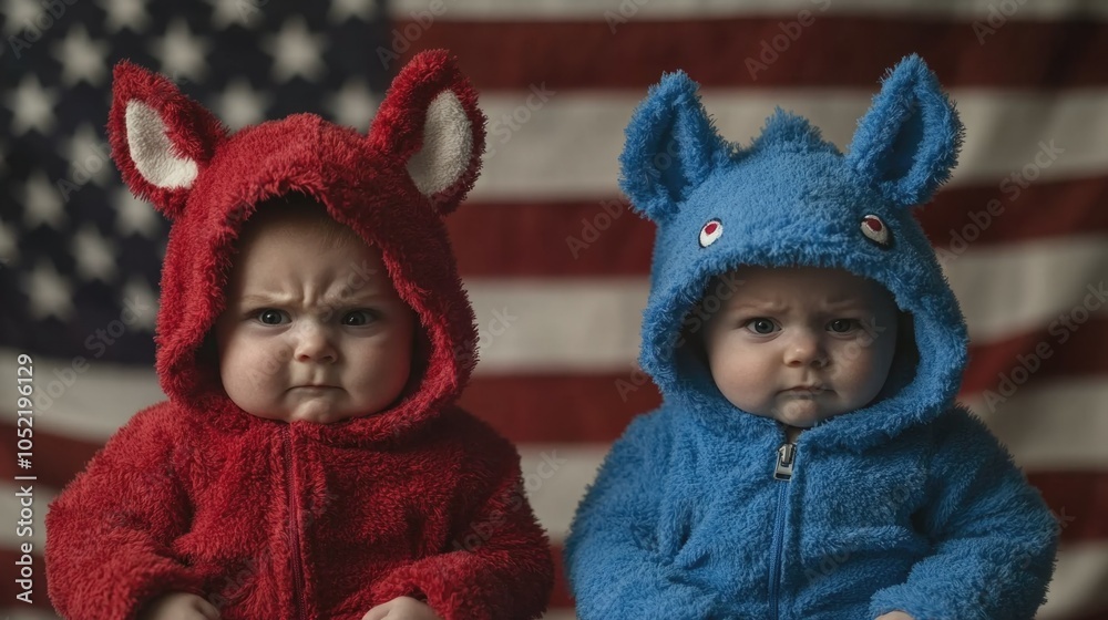 Grumpy Babies in Red and Blue Hooded Onesies with Bear Ears, American ...