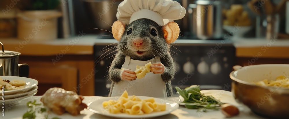 A cute little rat wearing an apron and chef's hat, with tiny hands ...