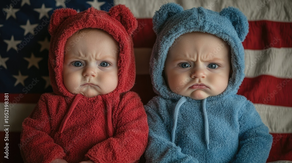 Two Serious Babies in Red and Blue Onesies with Bear Ears, American ...