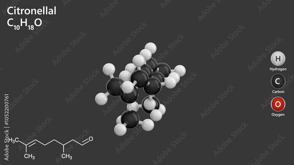 Citronellal. Essential oil. Lemon scent. Animated 3D model of a ...