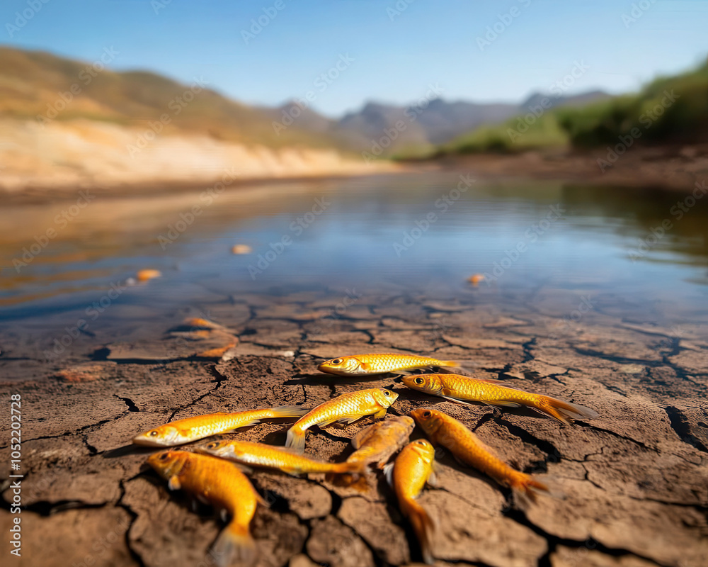 Dying fish in a driedup riverbed, visualizing the environmental impact ...