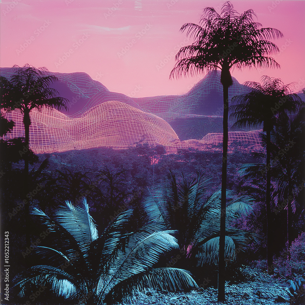 Retro-futuristic vaporwave landscape featuring a neon pink and purple ...
